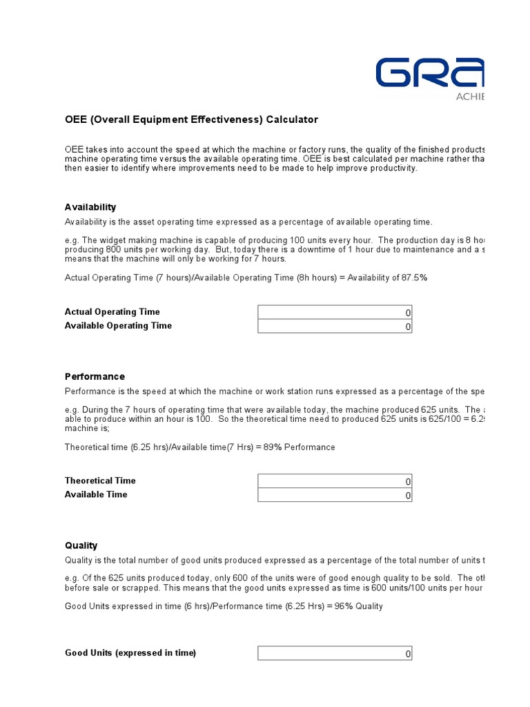 OEE (Overall Equipment Effectiveness) Calculator: Availability | PDF | Business | Production And ...