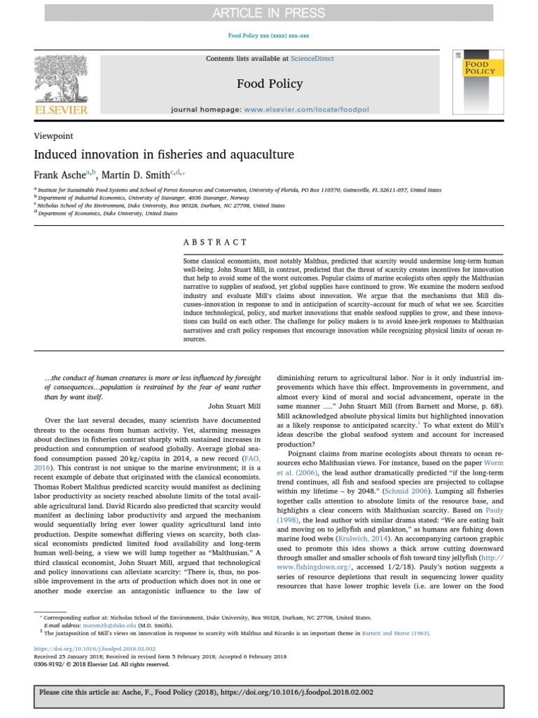 Food Policy: Frank Asche, Martin D. Smith | PDF | Overfishing | Aquaculture