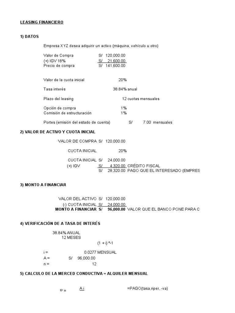 Ejercicio Leasing | PDF | Arrendamiento | Interés