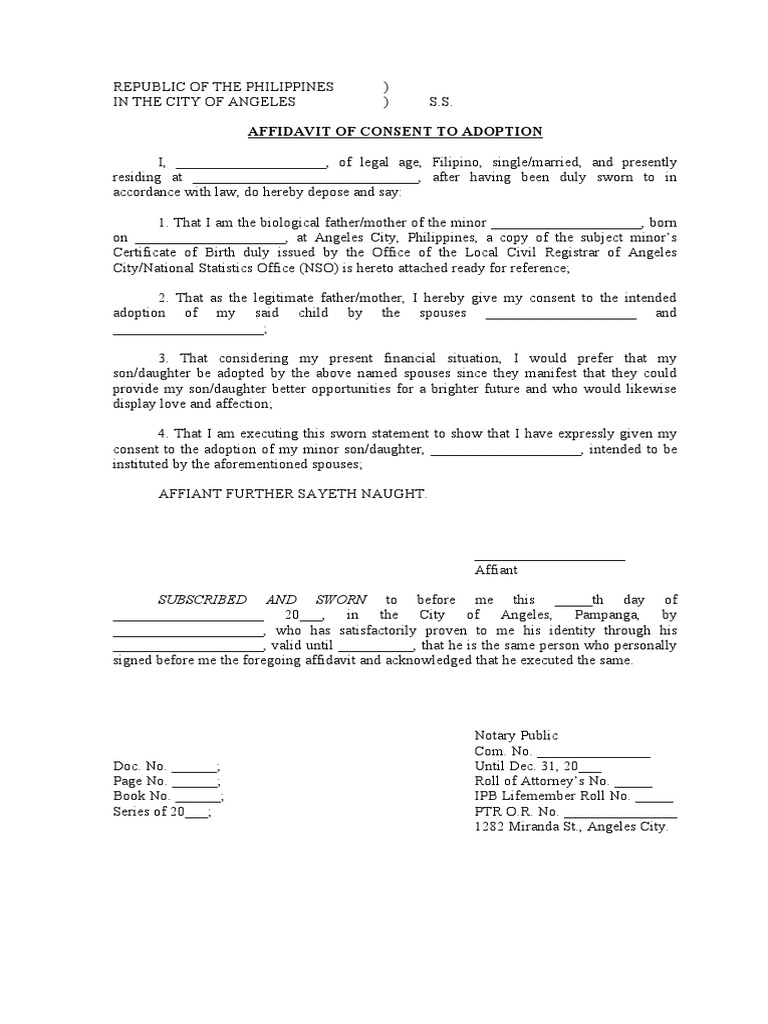 Affidavit of Consent To Adoption: SUBSCRIBED AND SWORN To Before Me ...