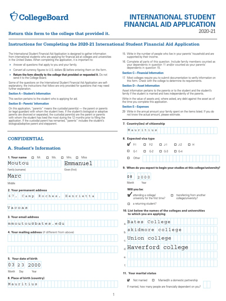 2020 21 International Student Financial Aid Application PDF | Download ...