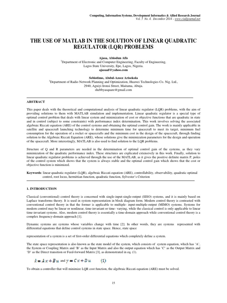MATLAB Solutions for LQR Problems | PDF