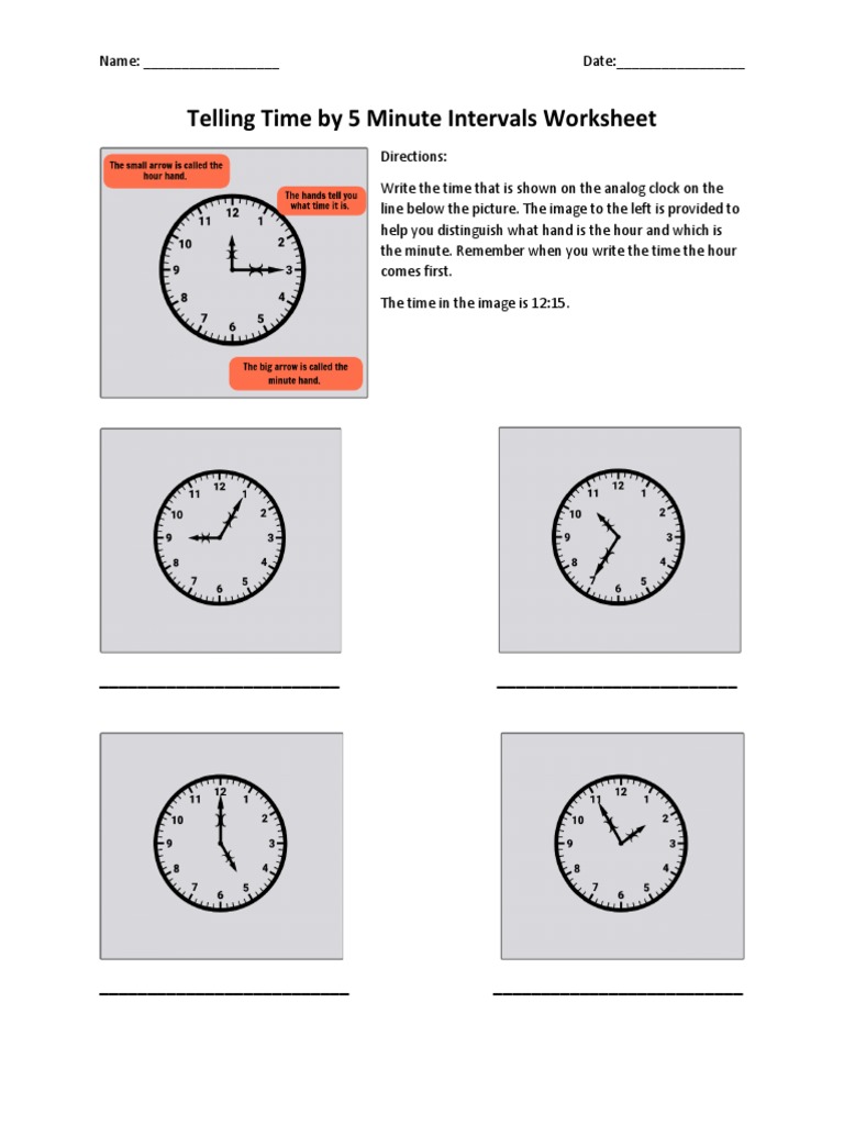 Telling Time By 5 Minute Intervals Worksheet