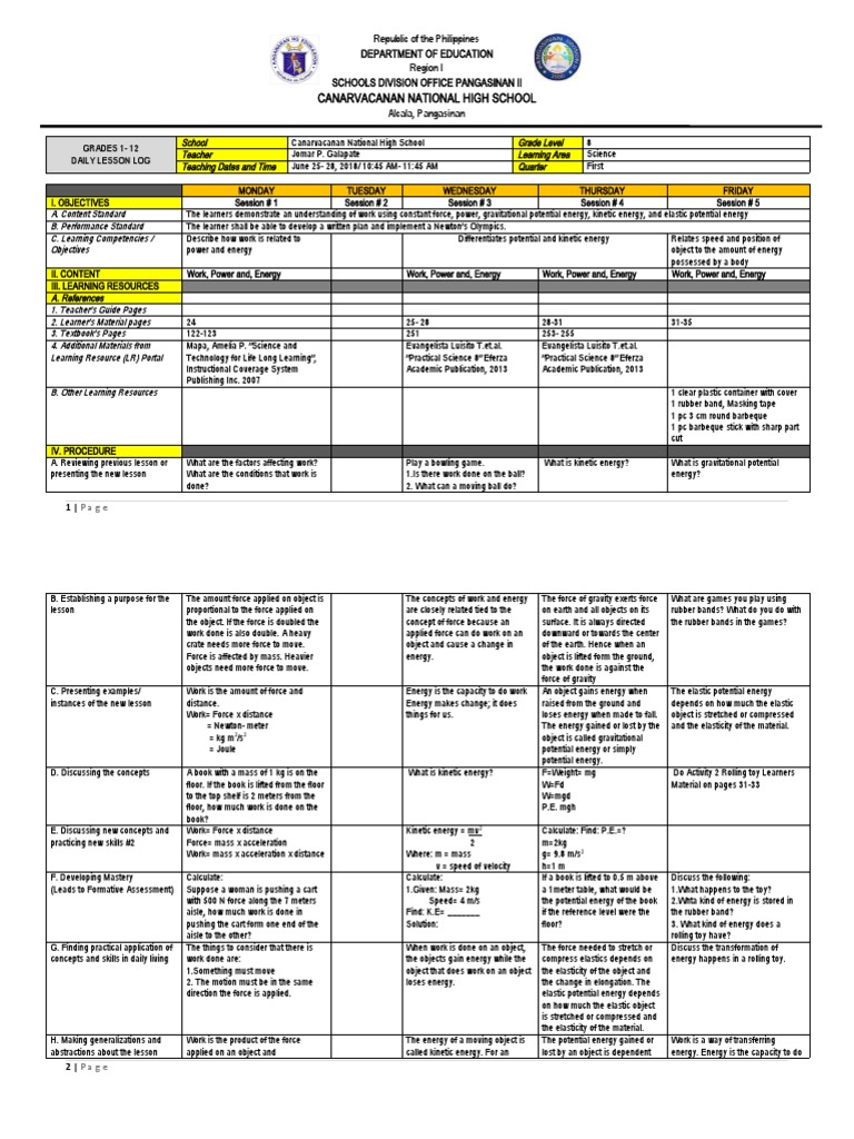 DLL Science 8 Week 4 | PDF | Potential Energy | Force