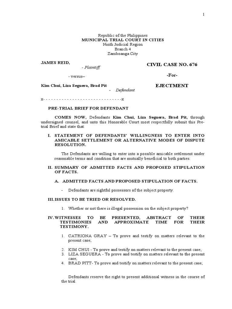 Pre-Trial Brief for Ejectment Case | PDF | Trials | Testimony