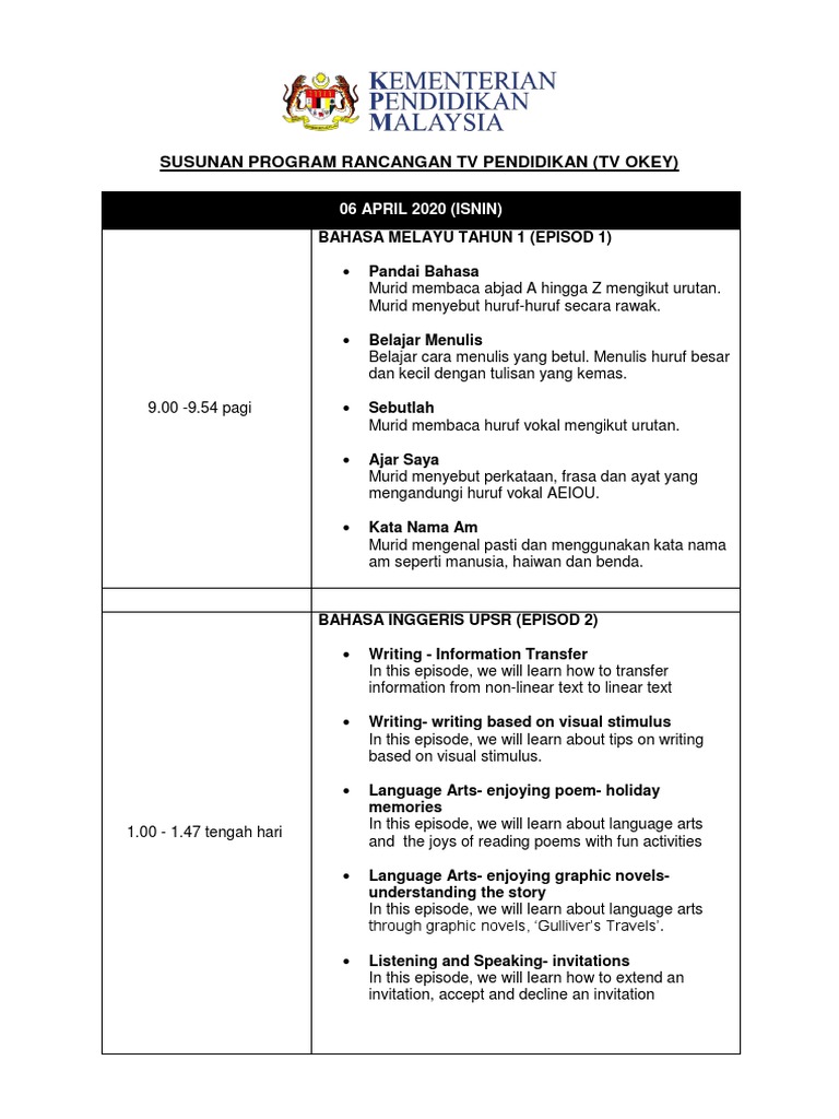 Susunan Program Rancangan TV Pendidikan (TV Okey) : Bahasa Melayu Tahun ...
