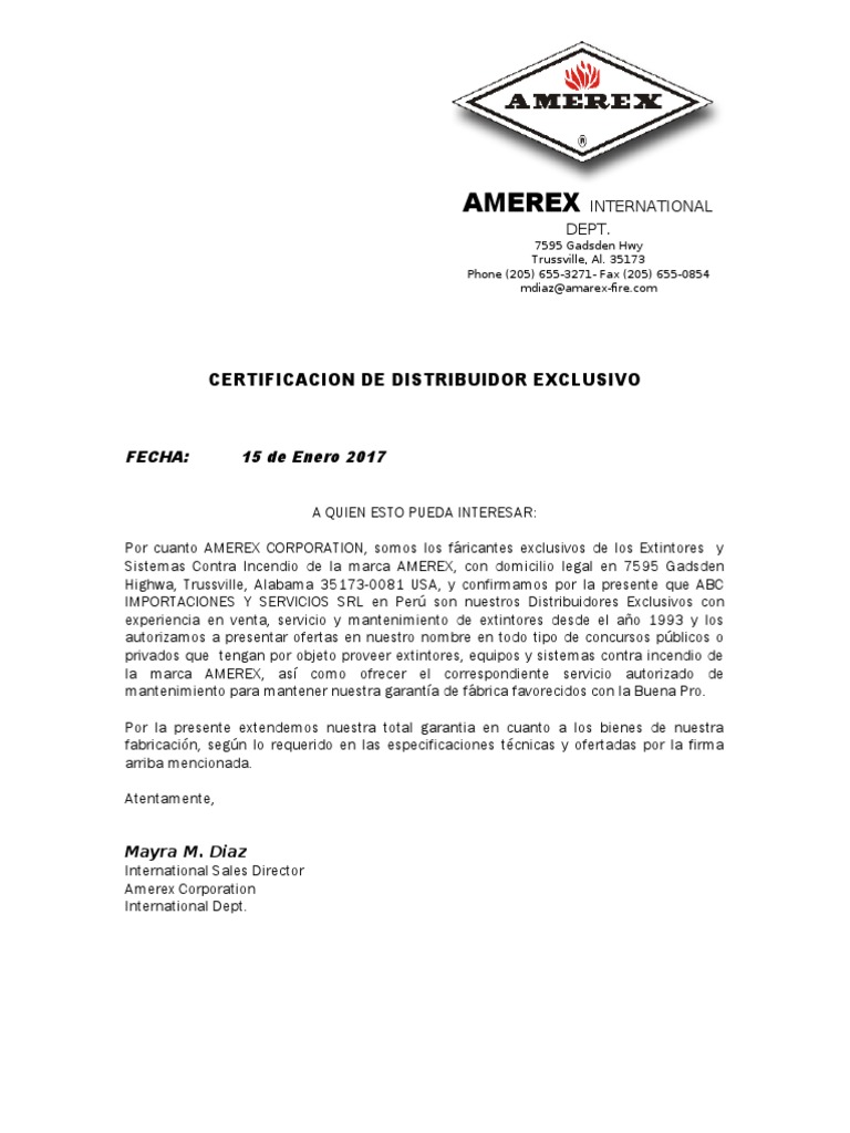Certificación de Distribuidor Exclusivo AMEREX | PDF