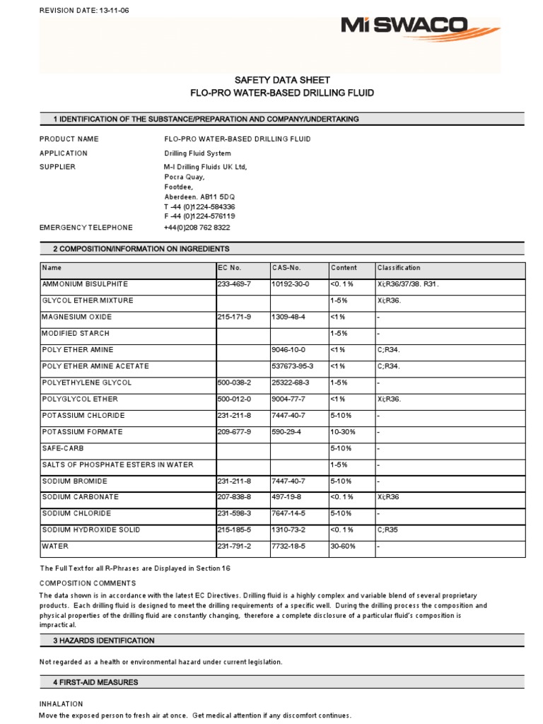 Safety Data Sheet for Flo-Pro Water-Based Drilling Fluid | PDF ...