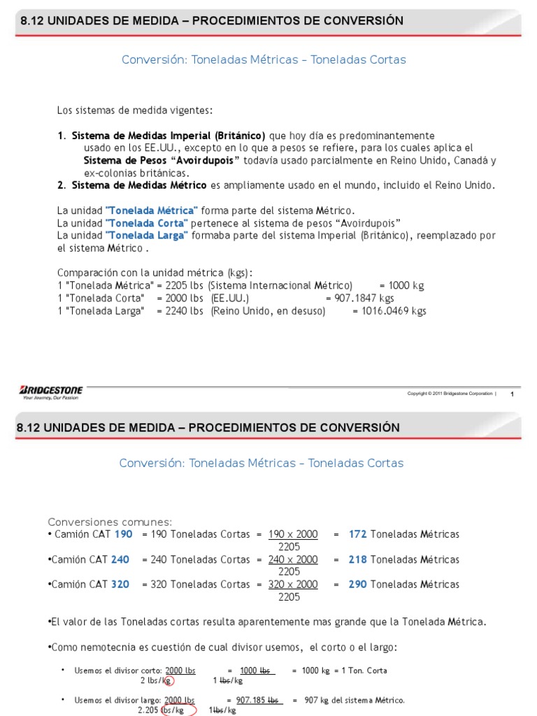 Toneladas Cortas Vs Toneladas Métricas | PDF | Tonelada | Libra (masa)