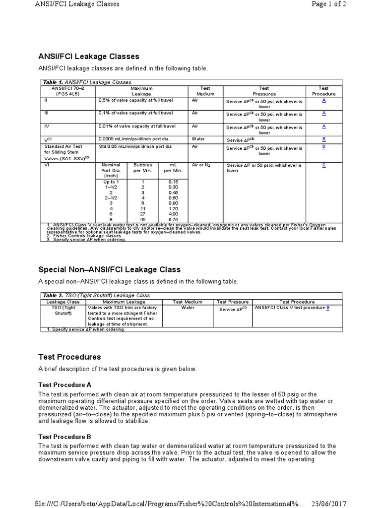 ANSI/FCI Leakage Class Definitions | PDF | Tap (Valve) | Valve