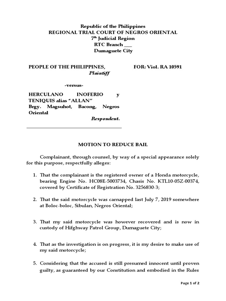 MOTION TO REDUCE BAIL Tigas | PDF | Criminal Law | Justice