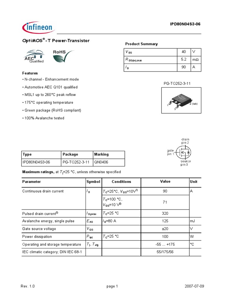 Infineon IPD80N04S3 - 06 DS v01 - 00 en PDF | PDF | Field Effect Transistor | Diode