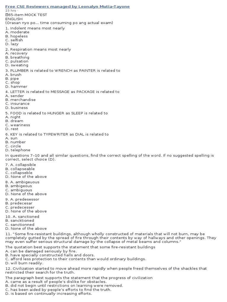 Leonalyn's Free CSE Reviewer 2025 | PDF | Part Of Speech | Fraction ...