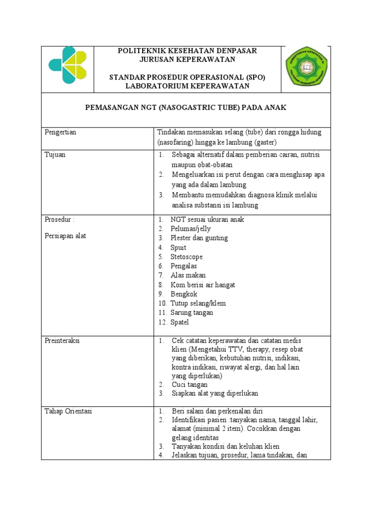 Sop Pemasangan NGT Pada Anak | PDF