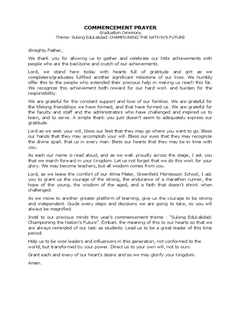 Commencement Prayer: Graduation Ceremony Theme: Sulong Edukalidad ...