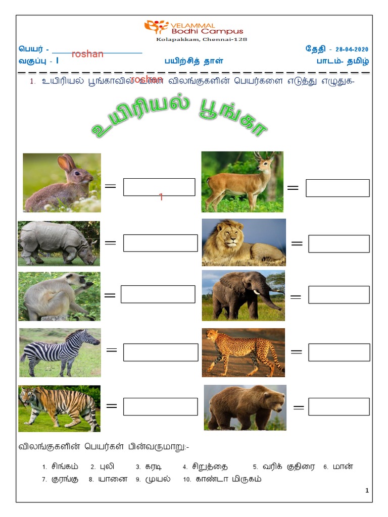 Work Sheet Tamil Grade-I-1 | PDF