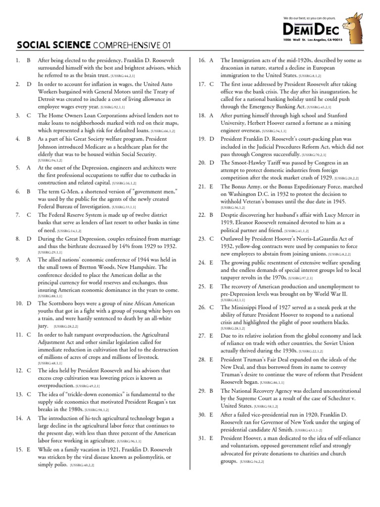 Social Science Comprehensive Exams 1-10 Answer Guides | PDF | New Deal ...