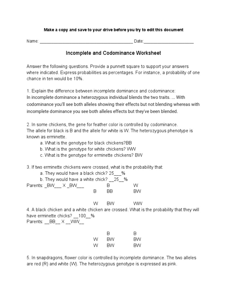 Incomplete and Codominance Worksheet: Name: - Date | PDF | Dominance ...