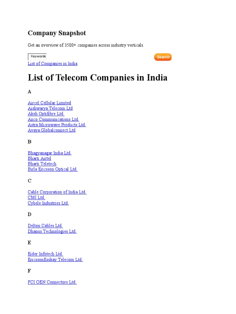 List of Telecom Companies in India: Company Snapshot | PDF