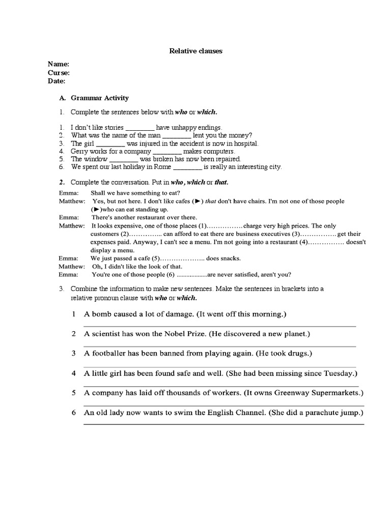 Relative Clauses Tasks PDF | PDF | Anime