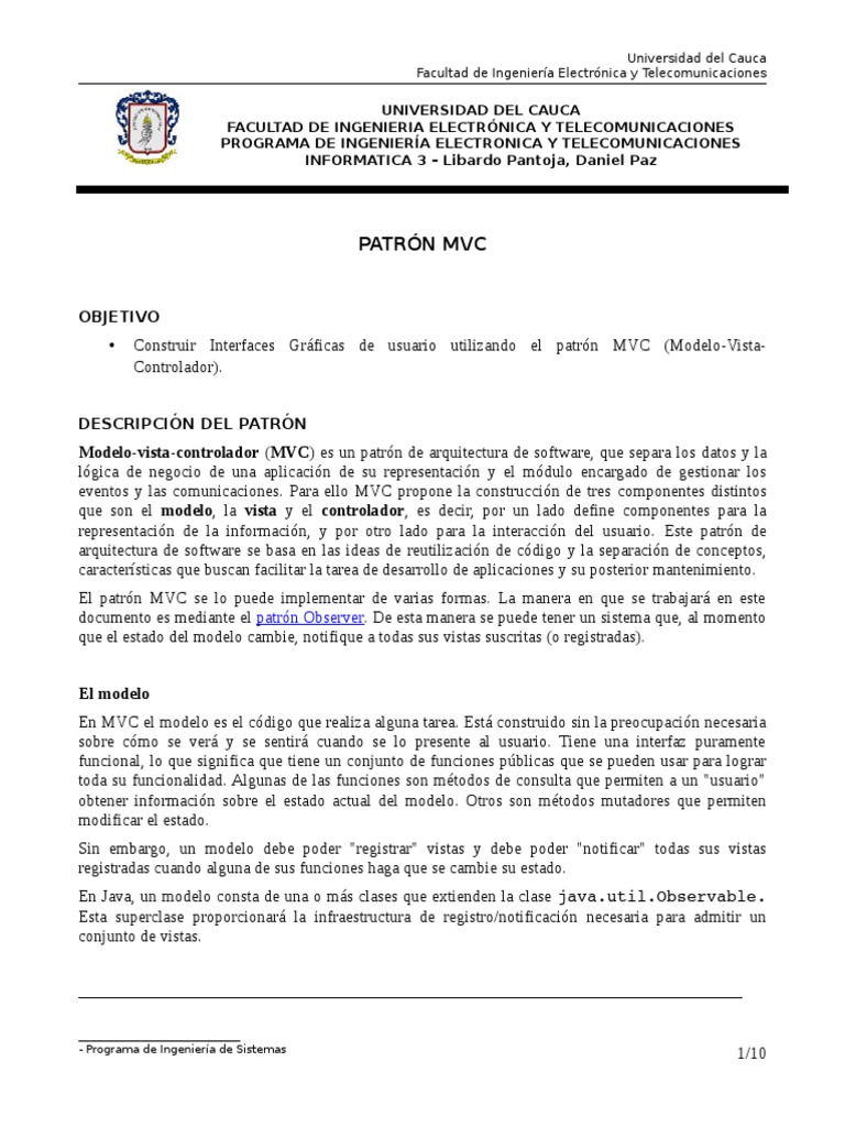 Implementación MVC en Java | PDF | Modelo – Vista – Controlador | Diseño de software