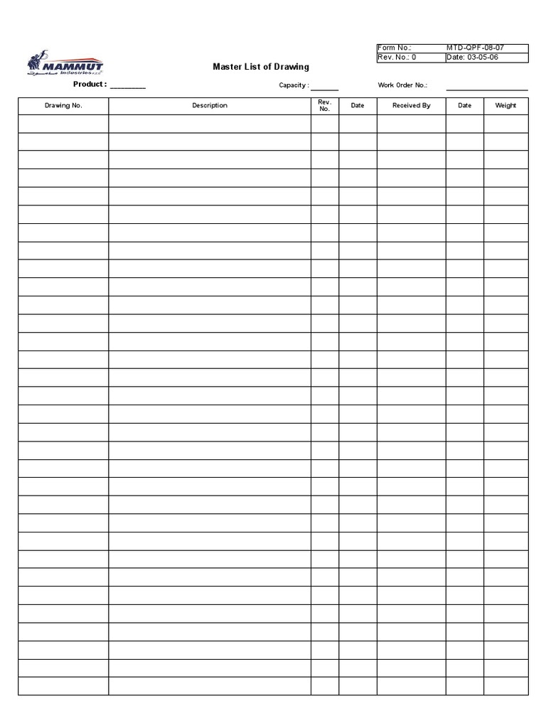 MTD-QPF-08-07 Master List of Drawing | PDF