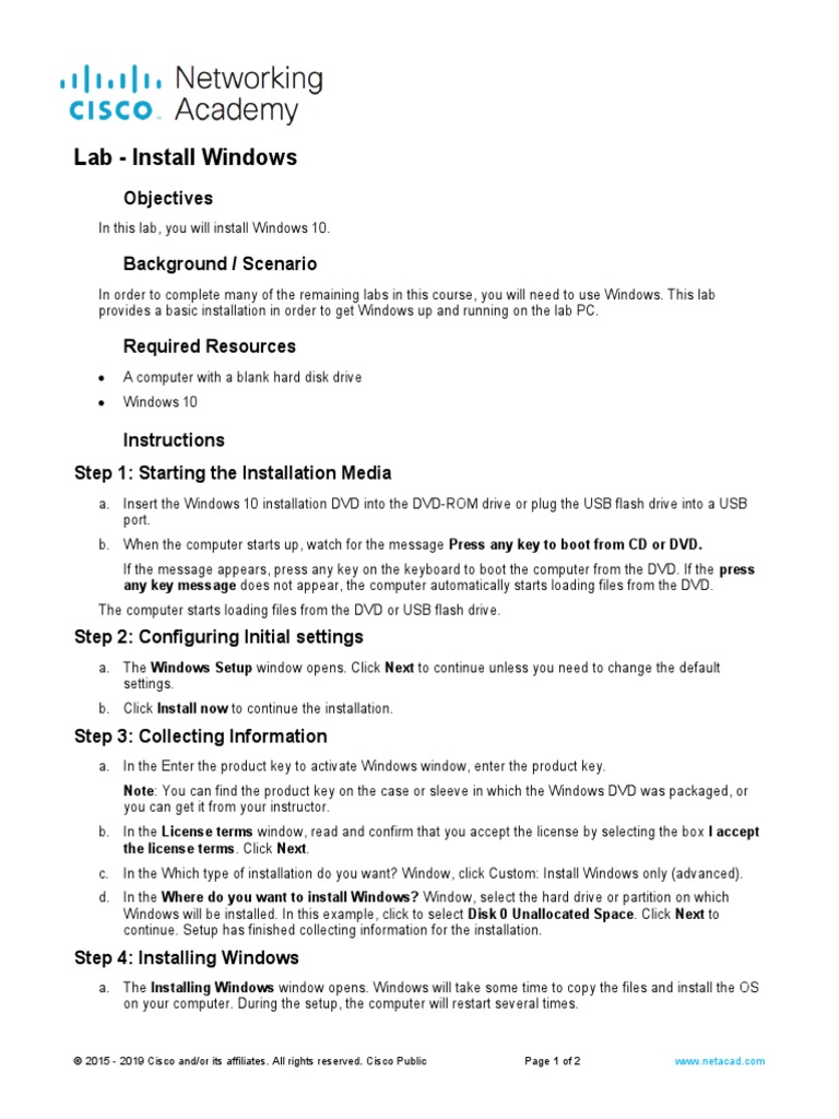 3.1.2.6 Lab - Install Windows | PDF | Installation (Computer Programs ...