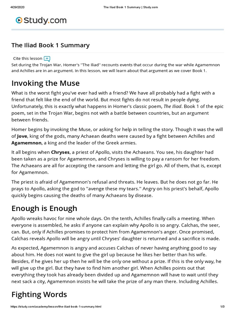 The Iliad Book 1 Summary | PDF | Iliad | Agamemnon