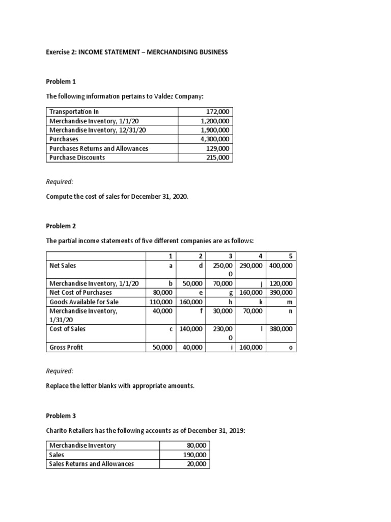 Exercise 2 Income Statement - Merchandisingzzzs | PDF | Merchandising ...