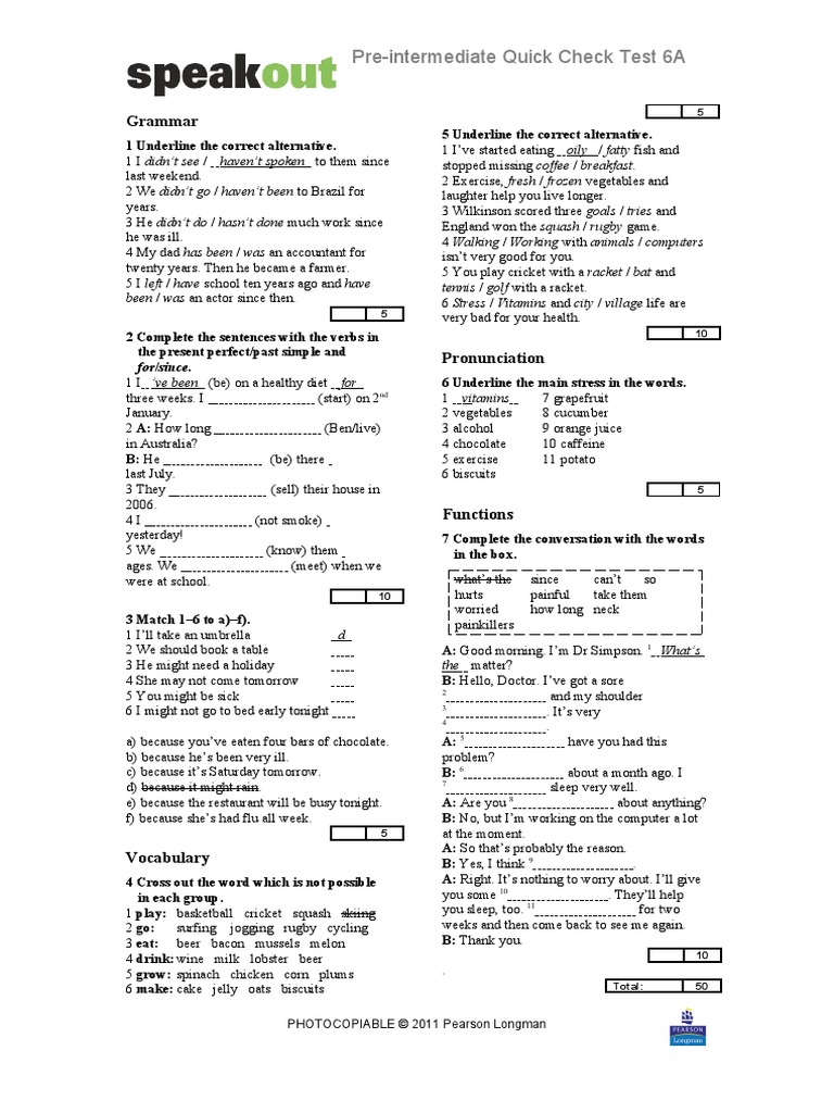 Pre-Intermediate Quick Check Test 6A: Grammar | PDF | Food And Drink ...