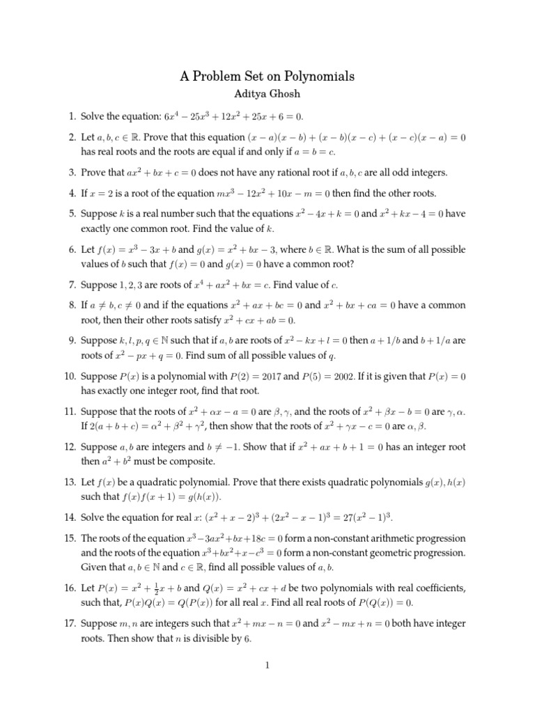 A Problem Set On Polynomials: Aditya Ghosh | PDF | Polynomial | Zero Of A Function