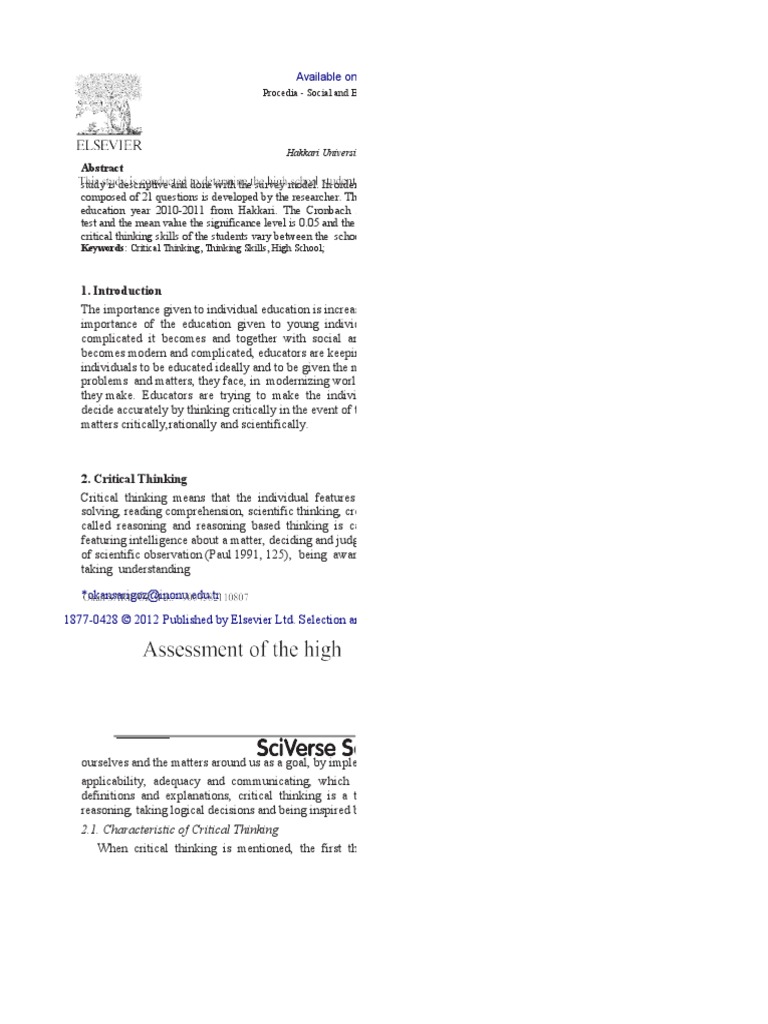 Assessment of The High School Students Critical T | PDF | Critical ...