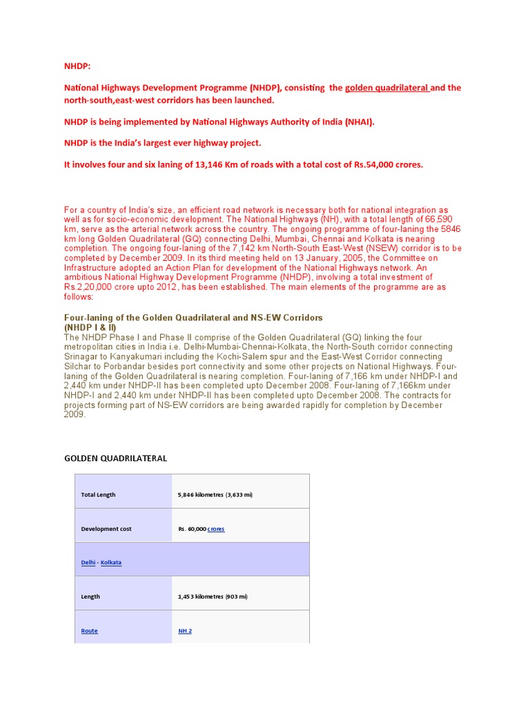 NHDP | PDF | Government Of India | Road Transport