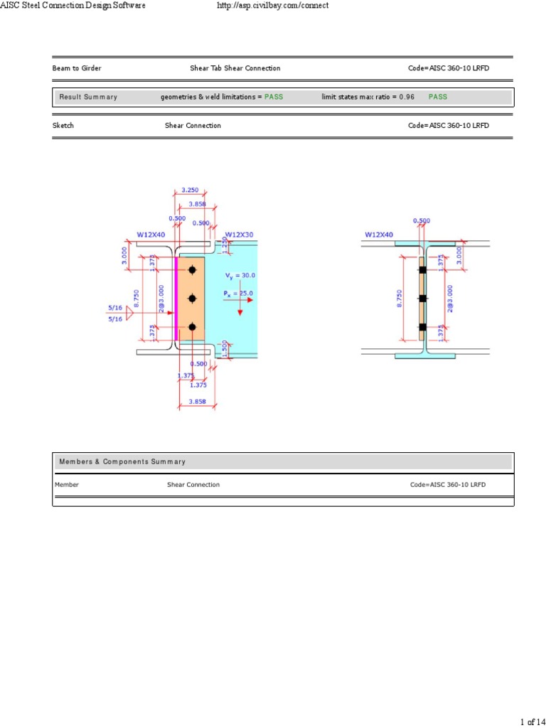 Result Summary: Beam To Girder Shear Tab Shear Connection Code AISC 360-10 LRFD | PDF | Screw ...