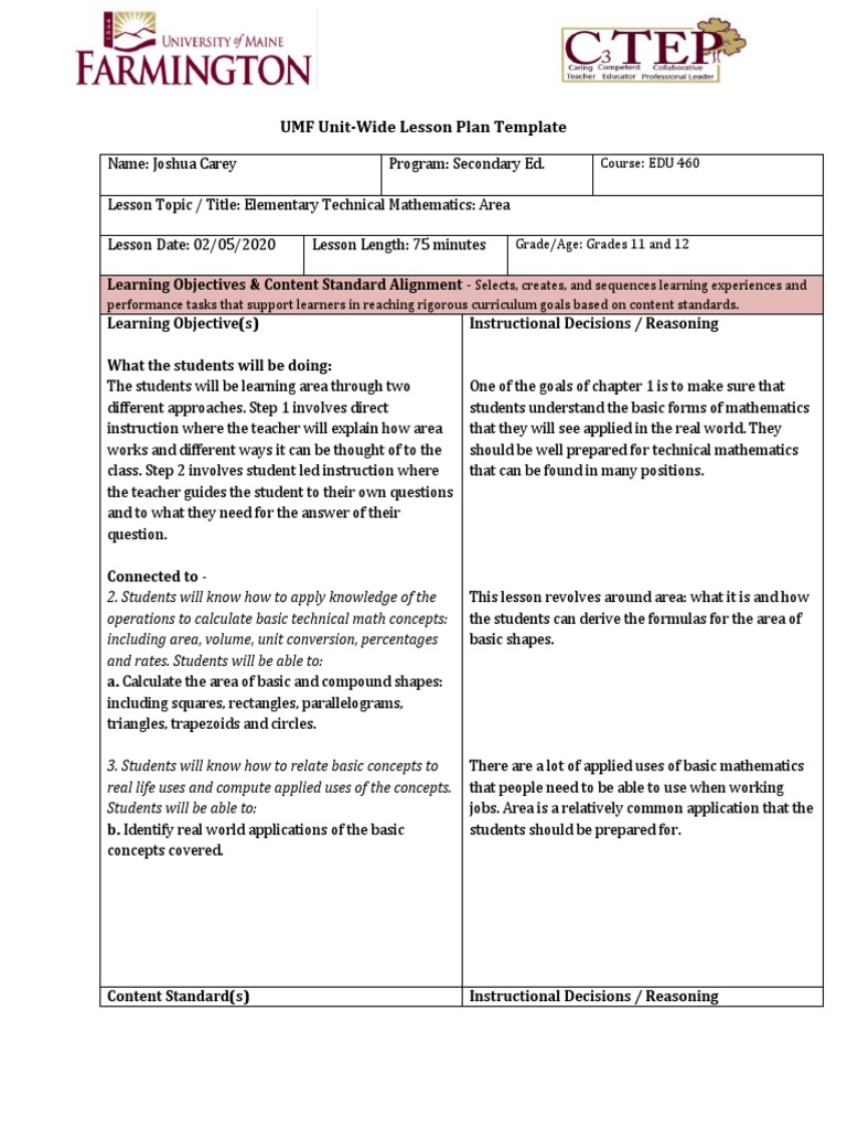 Area Formal Lesson Plan | PDF | Area | Teaching
