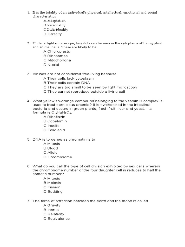 UPCAT Biology Reviewer Questions | PDF | Nitrogen | Cell (Biology)