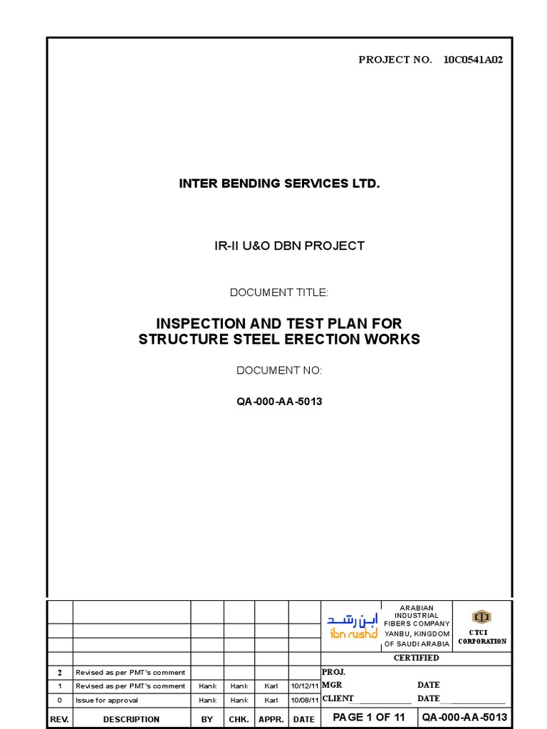 Inspection and Test Plan For Structure Steel Erection Works | PDF ...