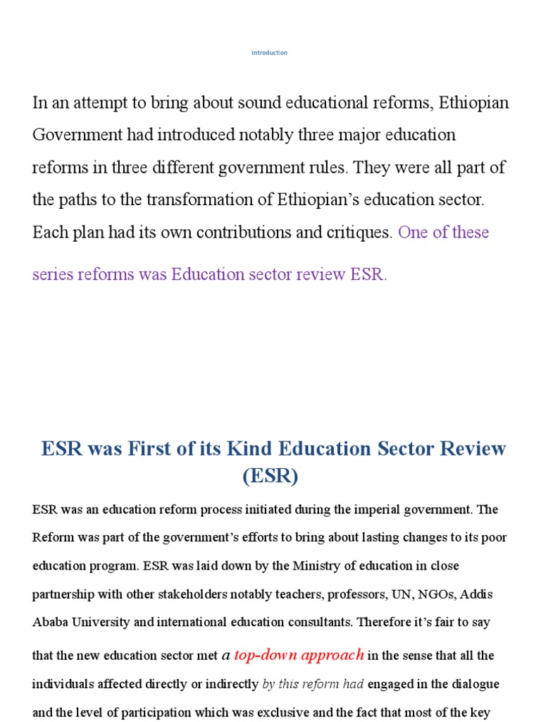 One of These Series Reforms Was Education Sector Review ESR | PDF ...