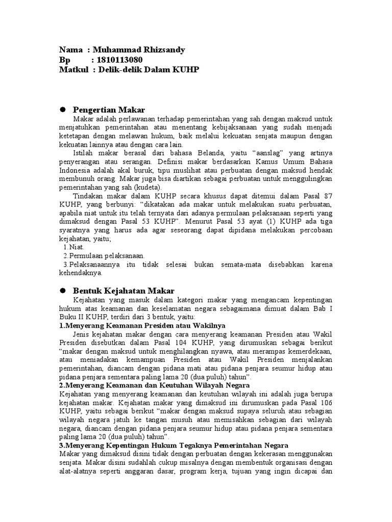 Tugas Delik Tentang Makar | PDF | Ilmu Sosial | Hukum