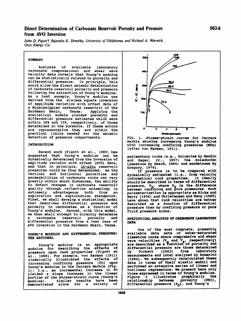 Direct Determination of Carbonate Reservoir Porosity and Pressure From AVO Inversion SO3.6 | PDF ...