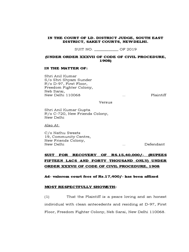 Anil Kumar Vs Anil Kumar Gupta - Recovery Suit - Order 37 CPC - 26.03.2019s | PDF | Advocate ...