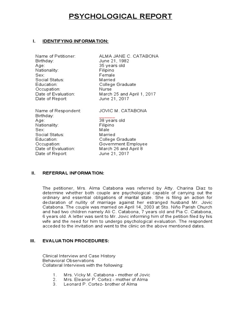 Psychological Report: I. Identifying Information | PDF | Personality ...