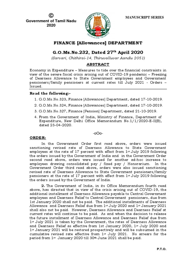FINANCE (Allowances) DEPARTMENT G.O.Ms - No.232, Dated 27 April 2020 ...