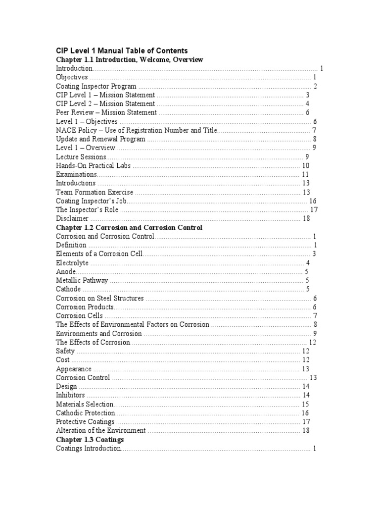 CIP Level 1 Manual Table of Contents Chapter 1.1 Introduction, Welcome ...