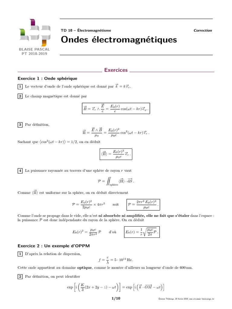 Correction TD 18 : Ondes Électromagnétiques | PDF | Équations de ...