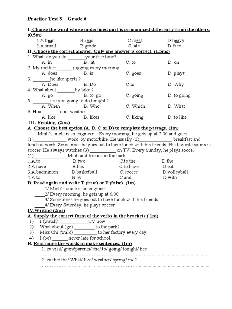 Grade 6 Practice Test 3 Answers | PDF | Grammar | Syntactic Relationships