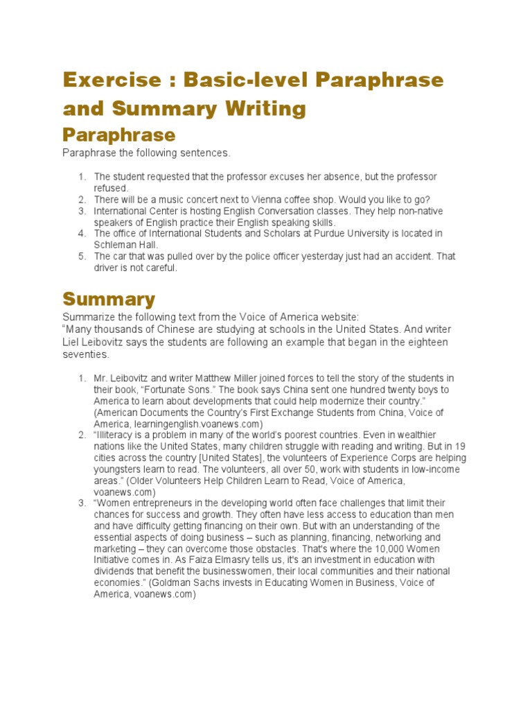 Exercise: Basic-Level Paraphrase and Summary Writing | PDF | Literacy | Volunteering