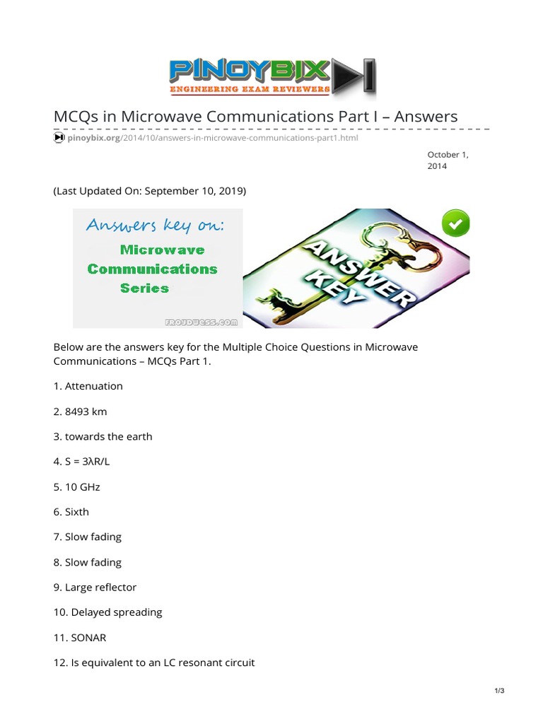 MCQs in Microwave Communications Part I Answers | PDF | Multiple Choice | Microwave