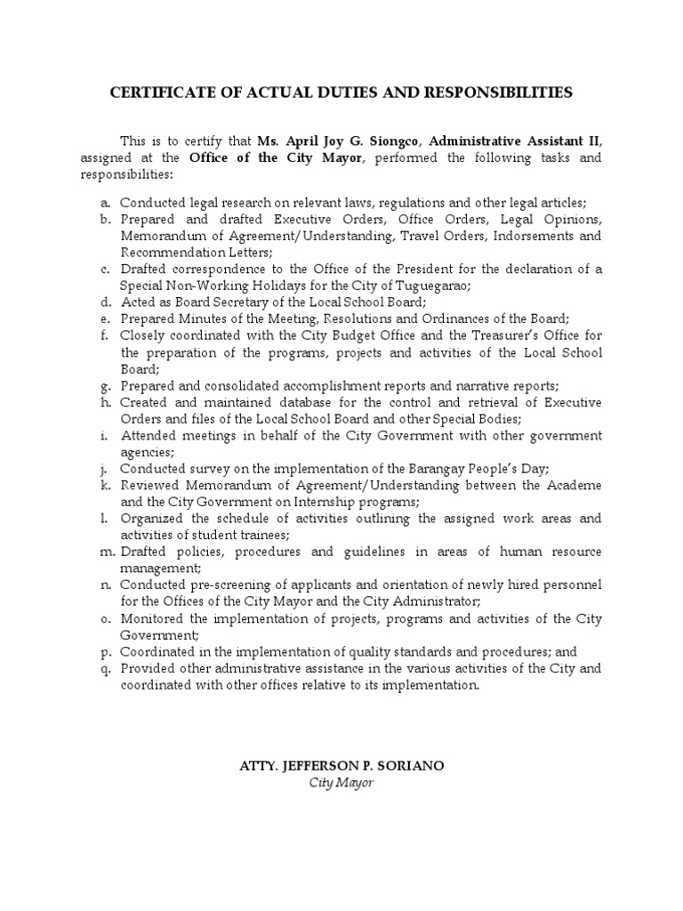 Certificate of Duties: April Joy Siongco | PDF | Business | Finance ...