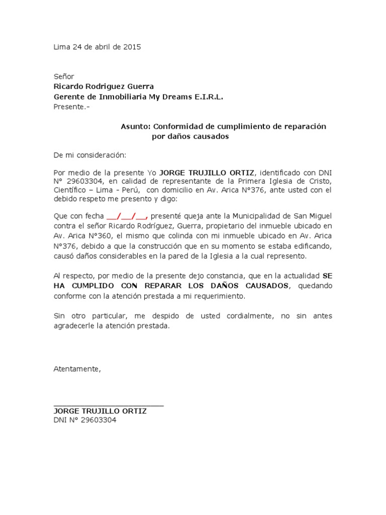 Carta Reparación de Daños | PDF Carta Reparación de Daños | PDF
